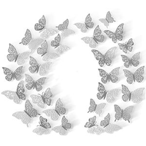 3d butterfly wall decor - 72 pcs 3 sizes 6 styles silver butterfly decorations - butterfly birthday decorations butterfly party decorations/butterfly cake decorations/butterfly stickers for birthday kids bedroom nursery wedding