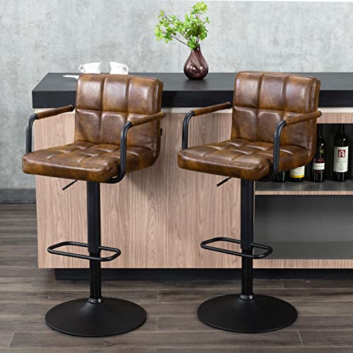 Furniliving Adjustable Bar Stools with Armrest, Modern Square PU Leather Chairs with Back Swivel Counter Height Barstools with Arms for Kitchen Dining Pub Cafe, Set of 2 (YellowBrown)