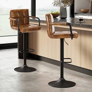 Furniliving Adjustable Bar Stools with Armrest, Modern Square PU Leather Chairs with Back Swivel Counter Height Barstools with Arms for Kitchen Dining Pub Cafe, Set of 2 (YellowBrown)