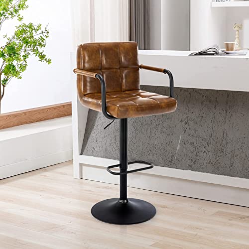 Furniliving Adjustable Bar Stools with Armrest, Modern Square PU Leather Chairs with Back Swivel Counter Height Barstools with Arms for Kitchen Dining Pub Cafe, Set of 2 (YellowBrown)