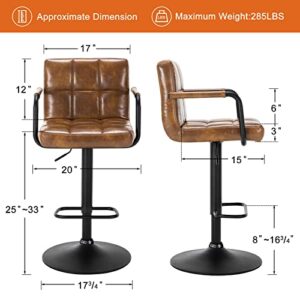 Furniliving Adjustable Bar Stools with Armrest, Modern Square PU Leather Chairs with Back Swivel Counter Height Barstools with Arms for Kitchen Dining Pub Cafe, Set of 2 (YellowBrown)