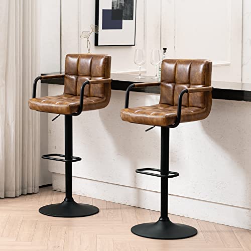 Furniliving Adjustable Bar Stools with Armrest, Modern Square PU Leather Chairs with Back Swivel Counter Height Barstools with Arms for Kitchen Dining Pub Cafe, Set of 2 (YellowBrown)