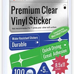 Uinkit 105Sheets Premium Clear Vinyl Sticker Paper for Inkjet Printer - Include 100 Sheets Clear and 5Sheets Glossy Label Waterproof, Dries Quickly Vivid Colors, Holds Ink Well