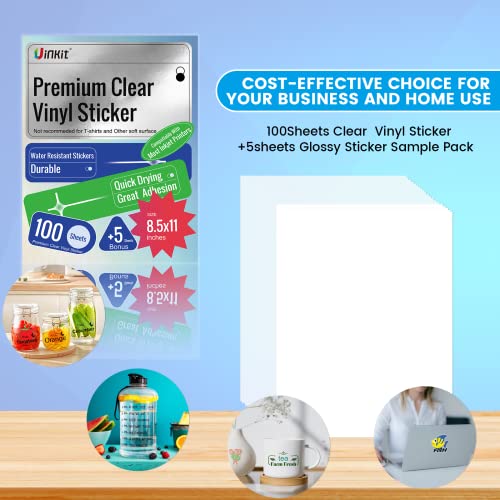 Uinkit 105Sheets Premium Clear Vinyl Sticker Paper for Inkjet Printer - Include 100 Sheets Clear and 5Sheets Glossy Label Waterproof, Dries Quickly Vivid Colors, Holds Ink Well