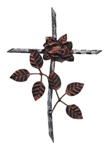 top brass decorative floral wall cross - welded wrought iron - leaves, branches and flowers religious metal art sculpture - antique silver/copper finish (leaves and rose)