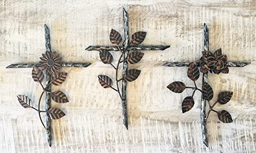 Top Brass Decorative Floral Wall Cross - Welded Wrought Iron - Leaves, Branches and Flowers Religious Metal Art Sculpture - Antique Silver/Copper Finish (Leaves and Rose)