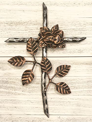 Top Brass Decorative Floral Wall Cross - Welded Wrought Iron - Leaves, Branches and Flowers Religious Metal Art Sculpture - Antique Silver/Copper Finish (Leaves and Rose)