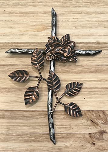 Top Brass Decorative Floral Wall Cross - Welded Wrought Iron - Leaves, Branches and Flowers Religious Metal Art Sculpture - Antique Silver/Copper Finish (Leaves and Rose)