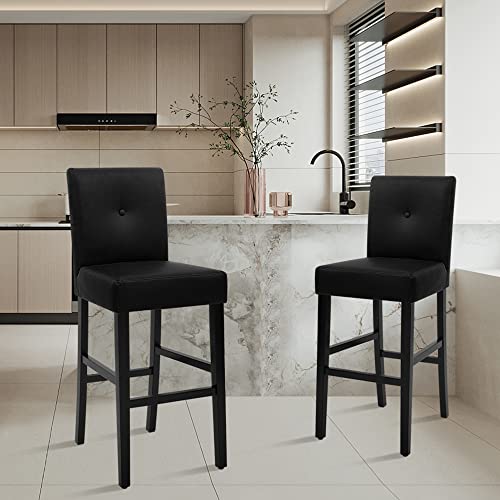 CangLong Stylish Upholstered Height Barstools with Solid Wood Legs for Kitchen, Dining, Bedroom, Set of 2, Black