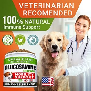 Glucosamine Treats for Dogs - Joint Supplement w/Omega-3 Fish Oil - Chondroitin, MSM - Advanced Mobility Chews - Joint Pain Relief - Hip & Joint Care - Peanut Butter Flavor - 120 Ct