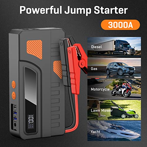 3000A Portable Car Jump Starter 66000mWh Battery Pack Booster Charger Power Bank Portable Phone Laptop Charger with AC Outlet Jumper Starter for 12V Car Motorcycle