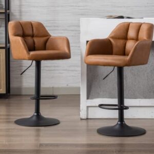 EALSON Modern Swivel Bar Stools Set of 2 Leather Counter Height Barstools with Back and Arms Adjustable Bar Stool Chairs with Metal Base for Kitchen Island/Home Bar/Dining Room, Brown