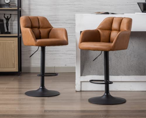 EALSON Modern Swivel Bar Stools Set of 2 Leather Counter Height Barstools with Back and Arms Adjustable Bar Stool Chairs with Metal Base for Kitchen Island/Home Bar/Dining Room, Brown