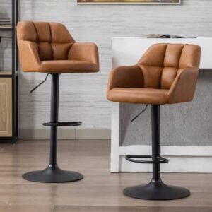 EALSON Modern Swivel Bar Stools Set of 2 Leather Counter Height Barstools with Back and Arms Adjustable Bar Stool Chairs with Metal Base for Kitchen Island/Home Bar/Dining Room, Brown