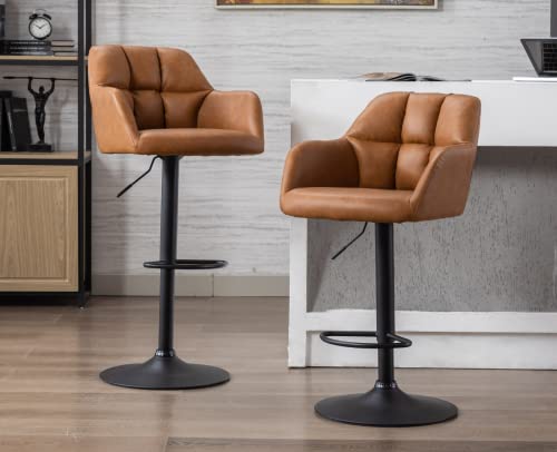 EALSON Modern Swivel Bar Stools Set of 2 Leather Counter Height Barstools with Back and Arms Adjustable Bar Stool Chairs with Metal Base for Kitchen Island/Home Bar/Dining Room, Brown