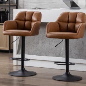 EALSON Modern Swivel Bar Stools Set of 2 Leather Counter Height Barstools with Back and Arms Adjustable Bar Stool Chairs with Metal Base for Kitchen Island/Home Bar/Dining Room, Brown