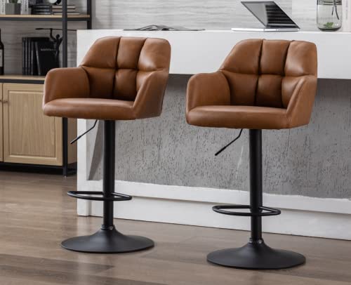 EALSON Modern Swivel Bar Stools Set of 2 Leather Counter Height Barstools with Back and Arms Adjustable Bar Stool Chairs with Metal Base for Kitchen Island/Home Bar/Dining Room, Brown