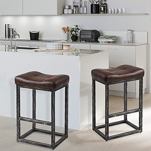 Flysky Counter Height Bar Stools Set of 2, 30 inch Saddle Stool PU Leather Barstools with Metal Base, Footrest, Tall Bar Stool for Dining, Kitchen Island, Coffee, Pub