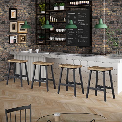 OUllUO Black Bar Stools, Counter Height Bar Stools, Set of 2, Brown Solid Wood Saddle Stools with Metal Legs, 24 Inch Kitchen Counter Stools, Stools for Dining Room Kitchen Island, Pub,Bar,521P-BBWD