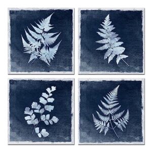 homeoart navy blue plant pictures wall art bathroom decor fern painting canvas prints botanical wall art framed living room kitchen dining room decor 12 x 12 inch x 4 panels