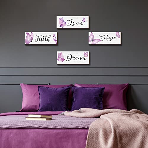 4 Pieces Faith Hope Love Dream Wall Decor Elegant Spring Butterfly Wooden Hanging Decoration Art Butterfly Room Wall Rustic Living Room Accessories for Girls Bedroom Decor (Purple, 10 x 4 x 0.2 Inch)