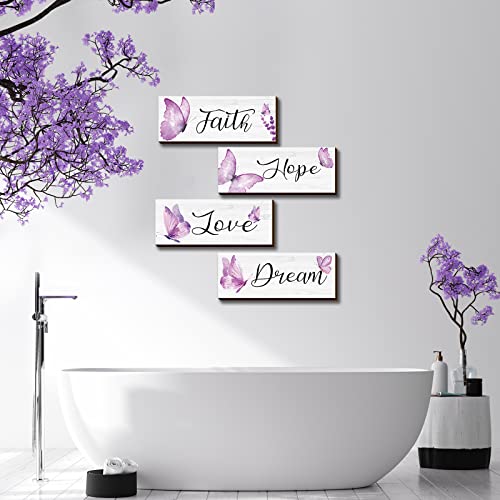 4 Pieces Faith Hope Love Dream Wall Decor Elegant Spring Butterfly Wooden Hanging Decoration Art Butterfly Room Wall Rustic Living Room Accessories for Girls Bedroom Decor (Purple, 10 x 4 x 0.2 Inch)