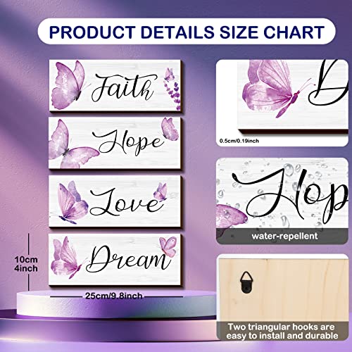 4 Pieces Faith Hope Love Dream Wall Decor Elegant Spring Butterfly Wooden Hanging Decoration Art Butterfly Room Wall Rustic Living Room Accessories for Girls Bedroom Decor (Purple, 10 x 4 x 0.2 Inch)