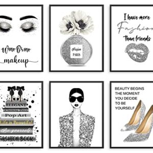 Glam Silver Fashion Wall Decor Girls Room Decor Wall Art Glitter Silver Fashion Lady Perfume Flower Book High Heels Posters Prints Women Bathroom Decor Bedroom Decor(8x10 inch Unframed, Silver)