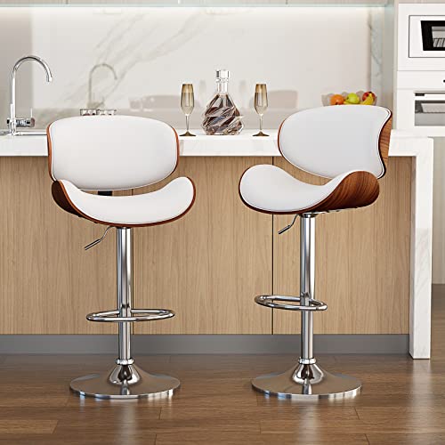 YaFiti Bar Stools Set of 2, Bentwood Adjustable Height Swivel Bar Stools, PU Leather Upholstered Bar Chair with Back and Footrest for Bar, Kitchen, Dining Room