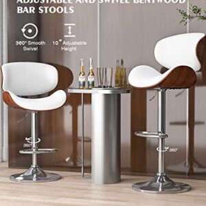 YaFiti Bar Stools Set of 2, Bentwood Adjustable Height Swivel Bar Stools, PU Leather Upholstered Bar Chair with Back and Footrest for Bar, Kitchen, Dining Room