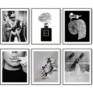 hoozgee fashion wall art prints bathroom wall decor silver grey glam tissue canvas posters pictures photos bathroom artwork wall black and white modern women funny bathroom (8"x10" unframed)