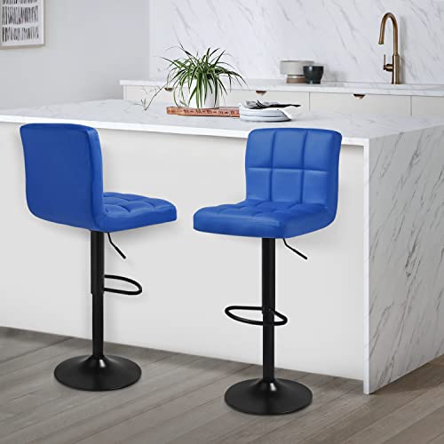 MoNiBloom Adjustable Bar Stools Set of 2 PU Leather Swivel Counter Height Modern Square Island Barstool with Back for Kitchen Counter Chairs, Blue