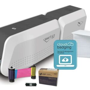 IDP Smart-51L N ID Card Printer - Dual-Sided - Lamination - 651410 w/IDP 659366 Color Ribbon - YMCKO - 250 Prints, Premium White Blank Plastic CR80 30 Mil PVC Cards (500 Pack), & CloudBadging Lite