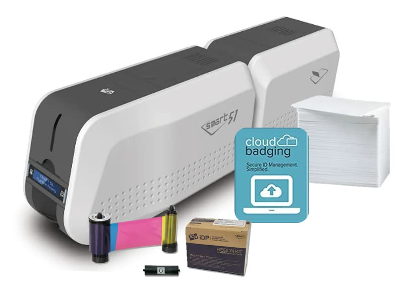 IDP Smart-51L N ID Card Printer - Dual-Sided - Lamination - 651410 w/IDP 659366 Color Ribbon - YMCKO - 250 Prints, Premium White Blank Plastic CR80 30 Mil PVC Cards (500 Pack), & CloudBadging Lite