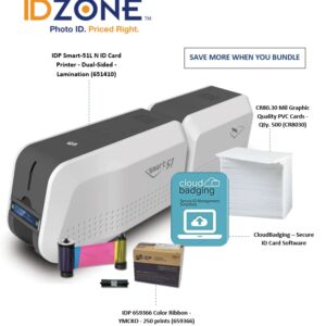 IDP Smart-51L N ID Card Printer - Dual-Sided - Lamination - 651410 w/IDP 659366 Color Ribbon - YMCKO - 250 Prints, Premium White Blank Plastic CR80 30 Mil PVC Cards (500 Pack), & CloudBadging Lite