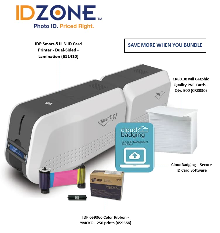 IDP Smart-51L N ID Card Printer - Dual-Sided - Lamination - 651410 w/IDP 659366 Color Ribbon - YMCKO - 250 Prints, Premium White Blank Plastic CR80 30 Mil PVC Cards (500 Pack), & CloudBadging Lite