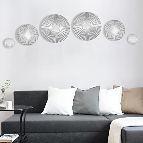 6Pcs Sunburst Metal Wall Mount Art Decor for living room, Silver Modern Accent Large Sunburst Hanging Above Bed Decorations Sculpture, Circular Decorlives Combination Artwork for Home Office Bedroom Bathroom Kitchen