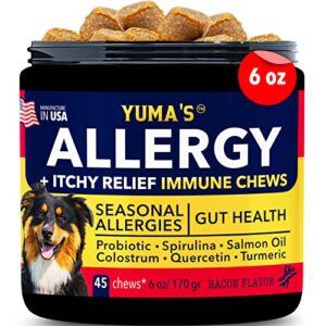 yuma's dog allergy relief, itchy skin relief - seasonal allergies - omega 3 salmon oil+ probiotics+spirulina, colostrum, anti itch support (bacon, 45 chews)