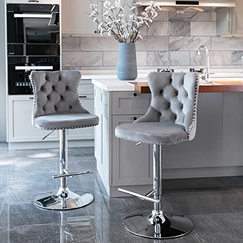 Swivel Bar Stools Set of 2, Adjustable Counter Height Barstools with Nailheads Trim, Button Tufted Back and Silver Footrest, Velvet Upholstered Bar Chairs for Dining Room Home Bar Kitchen Island, Gray