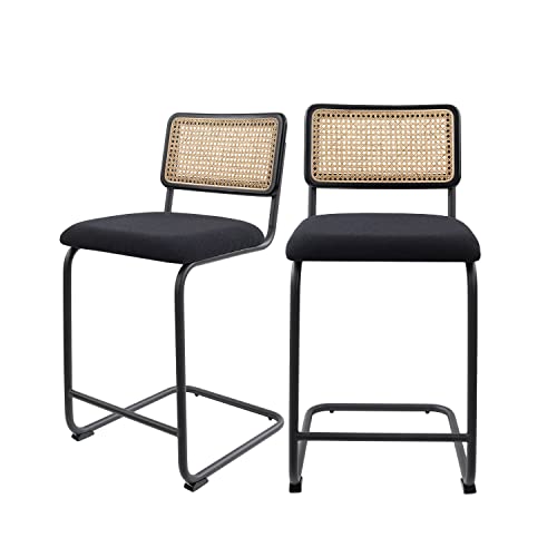 Modern Counter Height Bar Stools Set of 2 with Natural Rattan Cane and Solid Wood Backs, Boucle Fabric Upholstery with Metal Chrome Legs Mid Century Bar Chairs (Black, 2PCS-24'' Counter Height Stool)