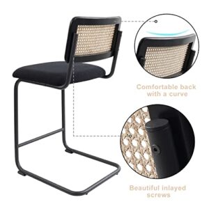 Modern Counter Height Bar Stools Set of 2 with Natural Rattan Cane and Solid Wood Backs, Boucle Fabric Upholstery with Metal Chrome Legs Mid Century Bar Chairs (Black, 2PCS-24'' Counter Height Stool)