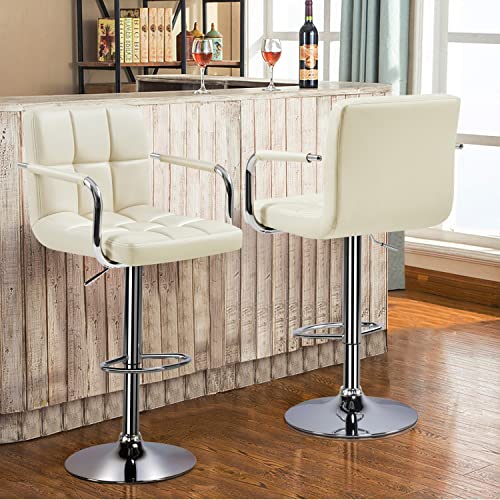 Yaheetech Tall Bar Stools Set of 2 Modern Square PU Leather Adjustable BarStools Counter Height Stools with Arms and Back Bar Chairs 360° Swivel Stool, Beige