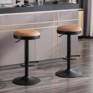 EALSON Modern Swivel Bar Stools Set of 2 Adjustable Counter Height Backless Barstools with Metal Base Leather Upholstered Round Bar Stool Chairs for Kitchen Island/Pub/Breakfast Bar, Brown