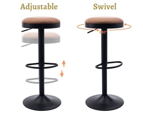 EALSON Modern Swivel Bar Stools Set of 2 Adjustable Counter Height Backless Barstools with Metal Base Leather Upholstered Round Bar Stool Chairs for Kitchen Island/Pub/Breakfast Bar, Brown