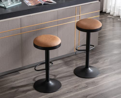 EALSON Modern Swivel Bar Stools Set of 2 Adjustable Counter Height Backless Barstools with Metal Base Leather Upholstered Round Bar Stool Chairs for Kitchen Island/Pub/Breakfast Bar, Brown