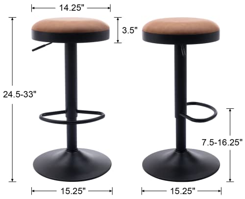 EALSON Modern Swivel Bar Stools Set of 2 Adjustable Counter Height Backless Barstools with Metal Base Leather Upholstered Round Bar Stool Chairs for Kitchen Island/Pub/Breakfast Bar, Brown