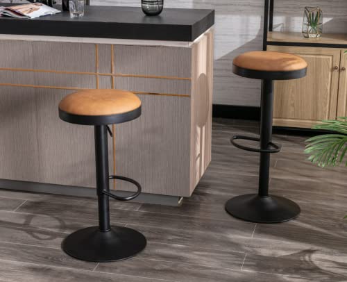 EALSON Modern Swivel Bar Stools Set of 2 Adjustable Counter Height Backless Barstools with Metal Base Leather Upholstered Round Bar Stool Chairs for Kitchen Island/Pub/Breakfast Bar, Brown