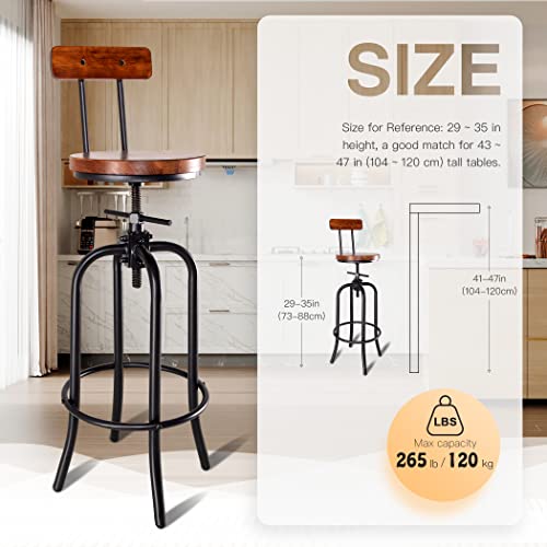 LAVIEVERT Swivel Bar Stools, Set of 2 Industrial Barstools, Counter Height Adjustable 28.7 to 34.6 Inch, Bar Chairs with Backrest & Steel Frame for Kitchen Counter Bar, Dining Room