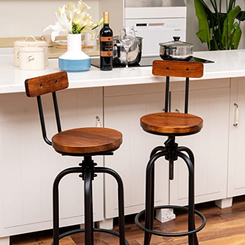 LAVIEVERT Swivel Bar Stools, Set of 2 Industrial Barstools, Counter Height Adjustable 28.7 to 34.6 Inch, Bar Chairs with Backrest & Steel Frame for Kitchen Counter Bar, Dining Room