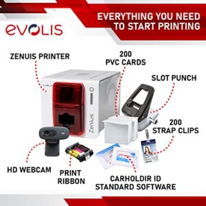 Cardholdir ID Evolis Zenius ID Card Printer Single Sided with HD Webcam, 200 Blank ID Cards, 200 Strap Clips & Color Ribbon | Employee Badge Maker